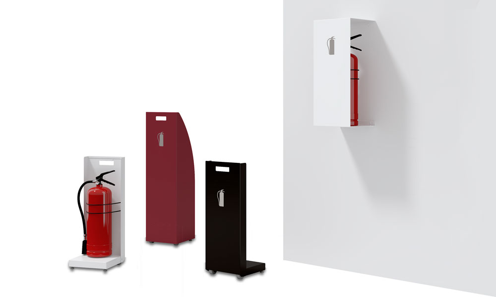 Faya. Discreet fire extinguisher support made of painted steel sheet