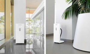 Faya. Discreet fire extinguisher support made of painted steel sheet